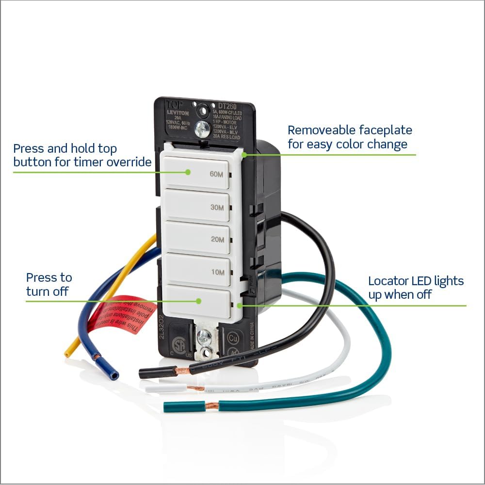 Decora In Wall 60 Minute Countdown Timer Switch 20a 1 Hp 16a Fan Mot Leviton