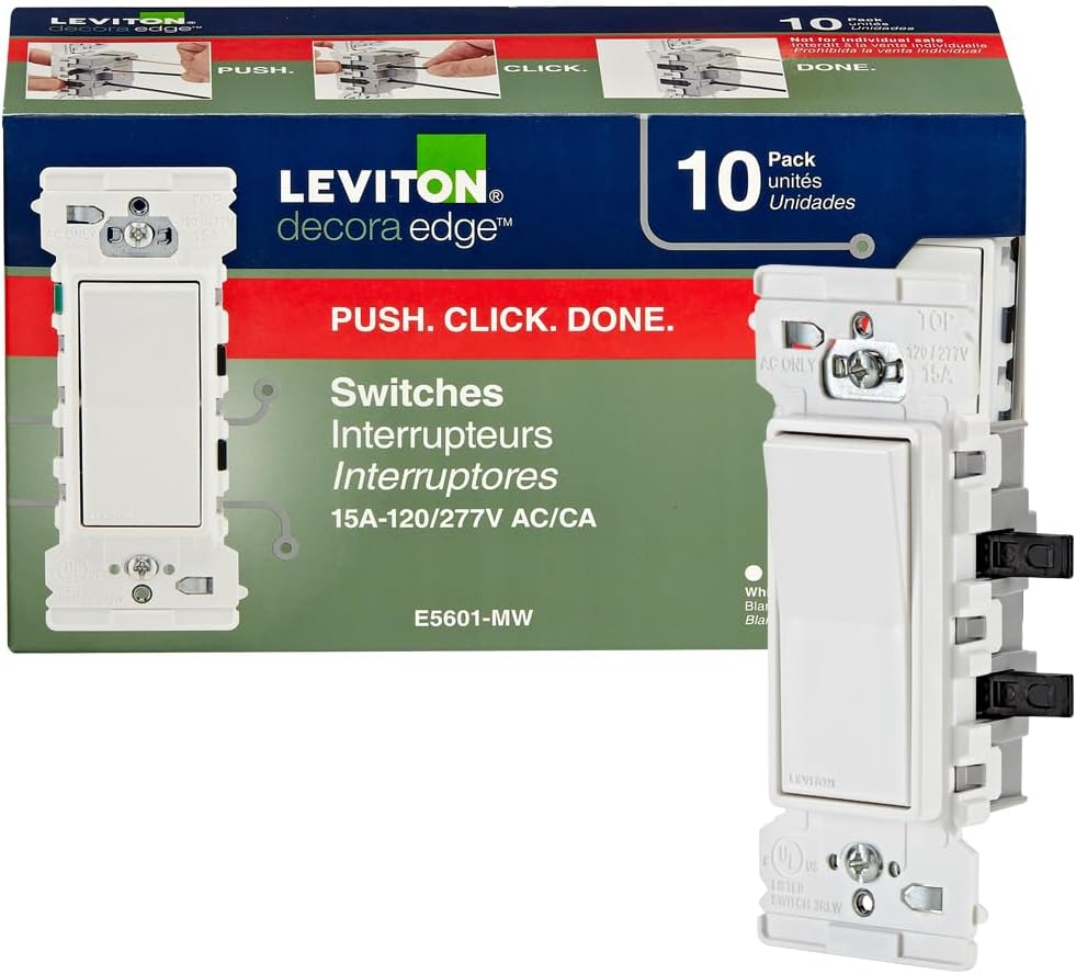 Leviton E5601 Decora Edge 15 Amp Single Pole Rocker Switch, White